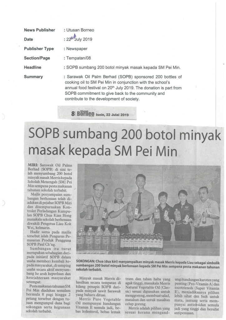 SOPB Group donated Merris cooking oil to Pei Min Middle School & Chung ...